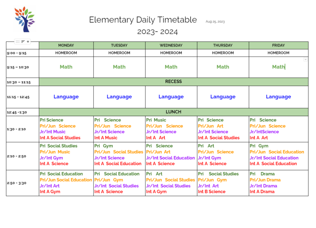 Elementary Timetables - Brighton School